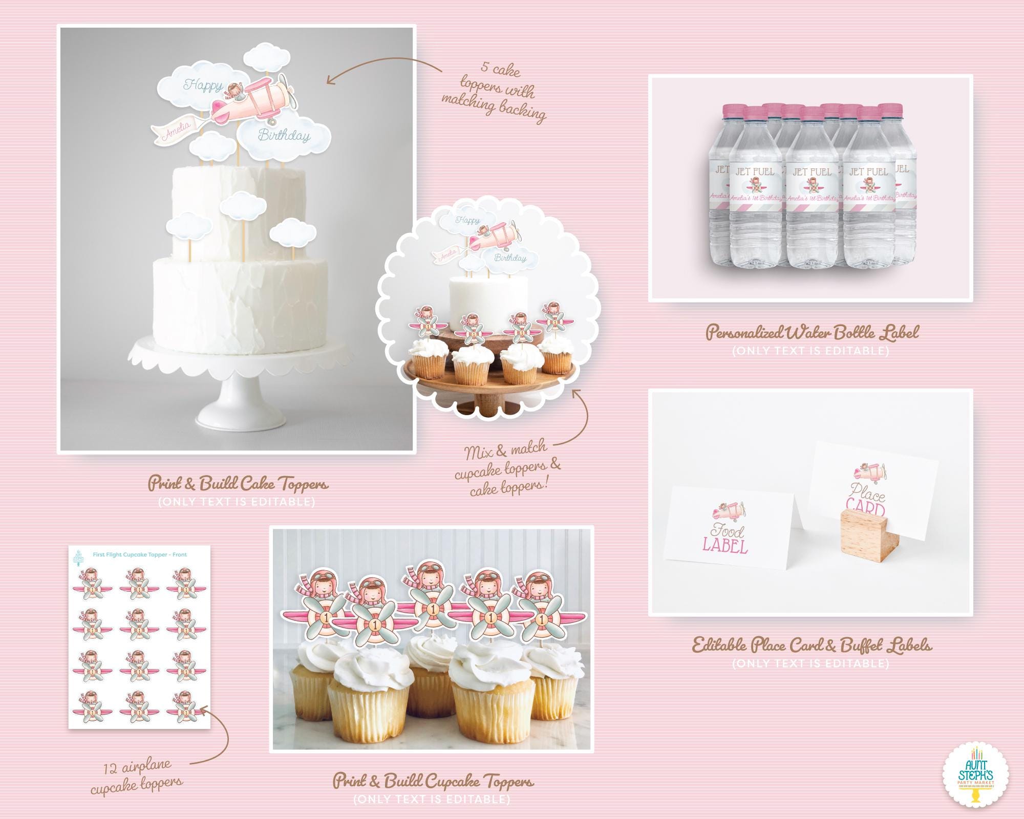 First Flight Party Bundle | Girl 1st Birthday Party Bundle | Editable ...