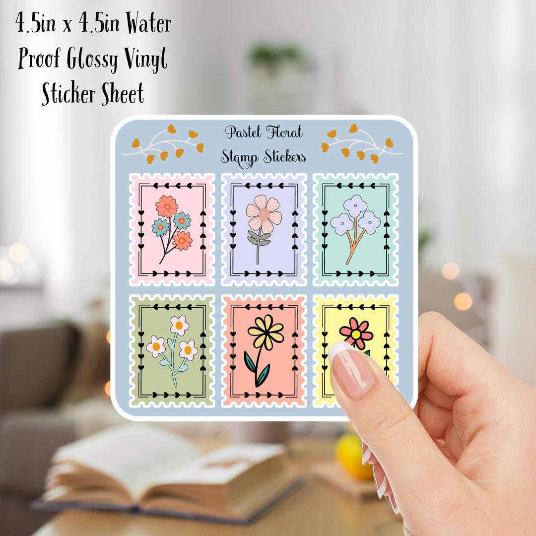 Pastel Floral Stamp Style Stickers 1 Sheet Glossy Waterproof Vinyl ...