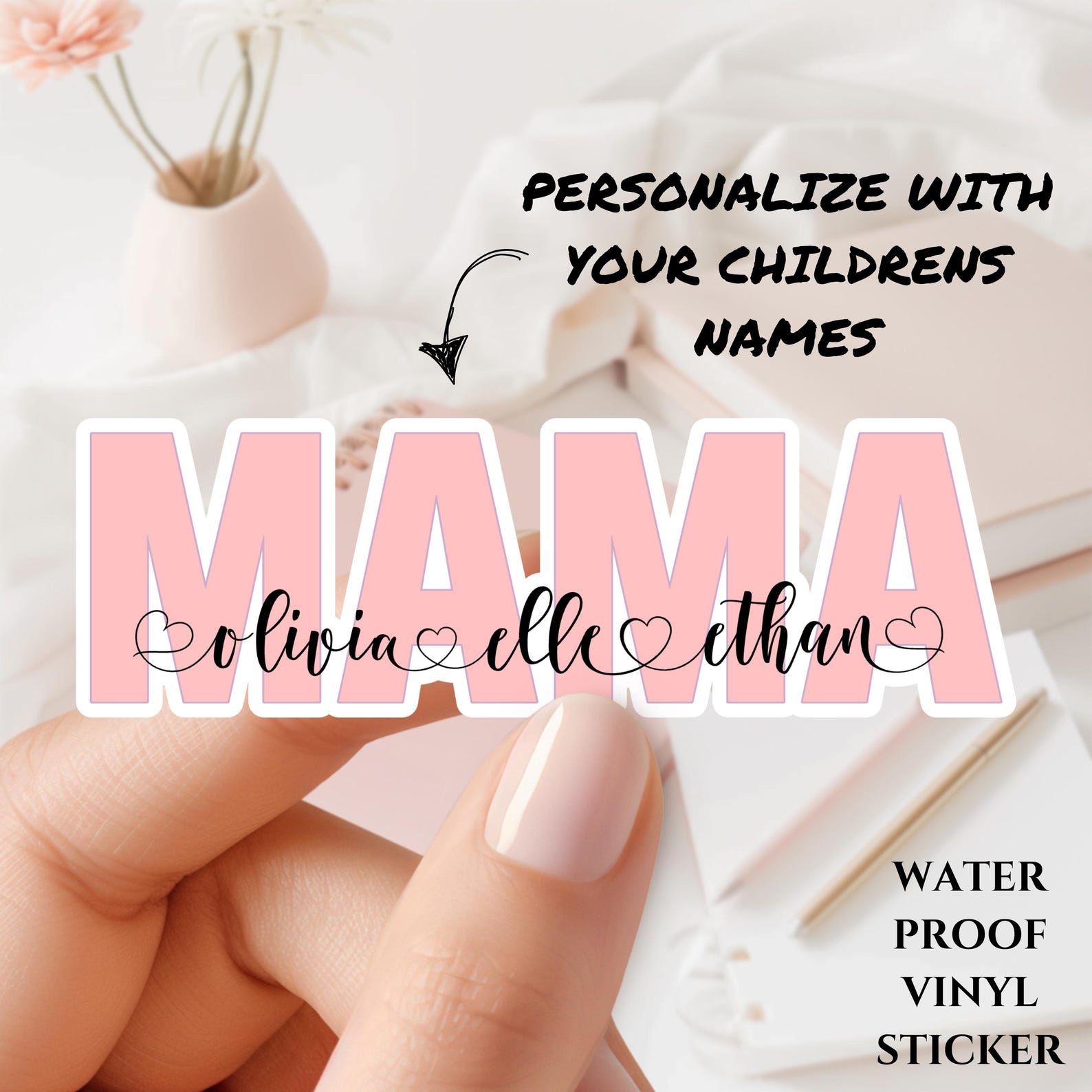 Personalized Mama and Child Name in Calligraphy Waterproof Vinyl ...