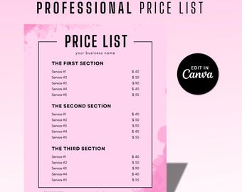 Price List Editable Template, Printable Modern Price Sheet, Custom ...