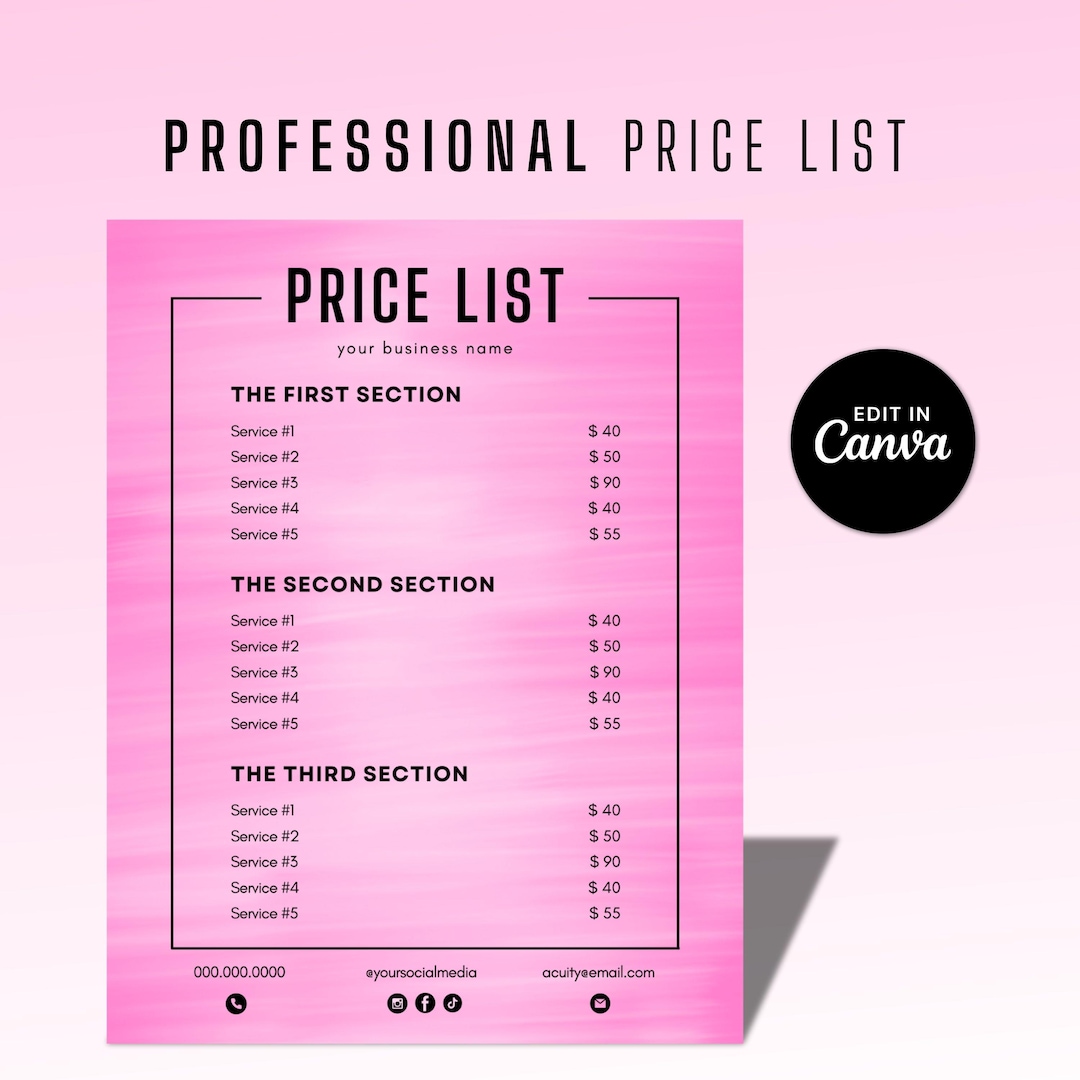 Editable Price List Flyer, Pink Pricing Template for Hair Stylist, Nail ...