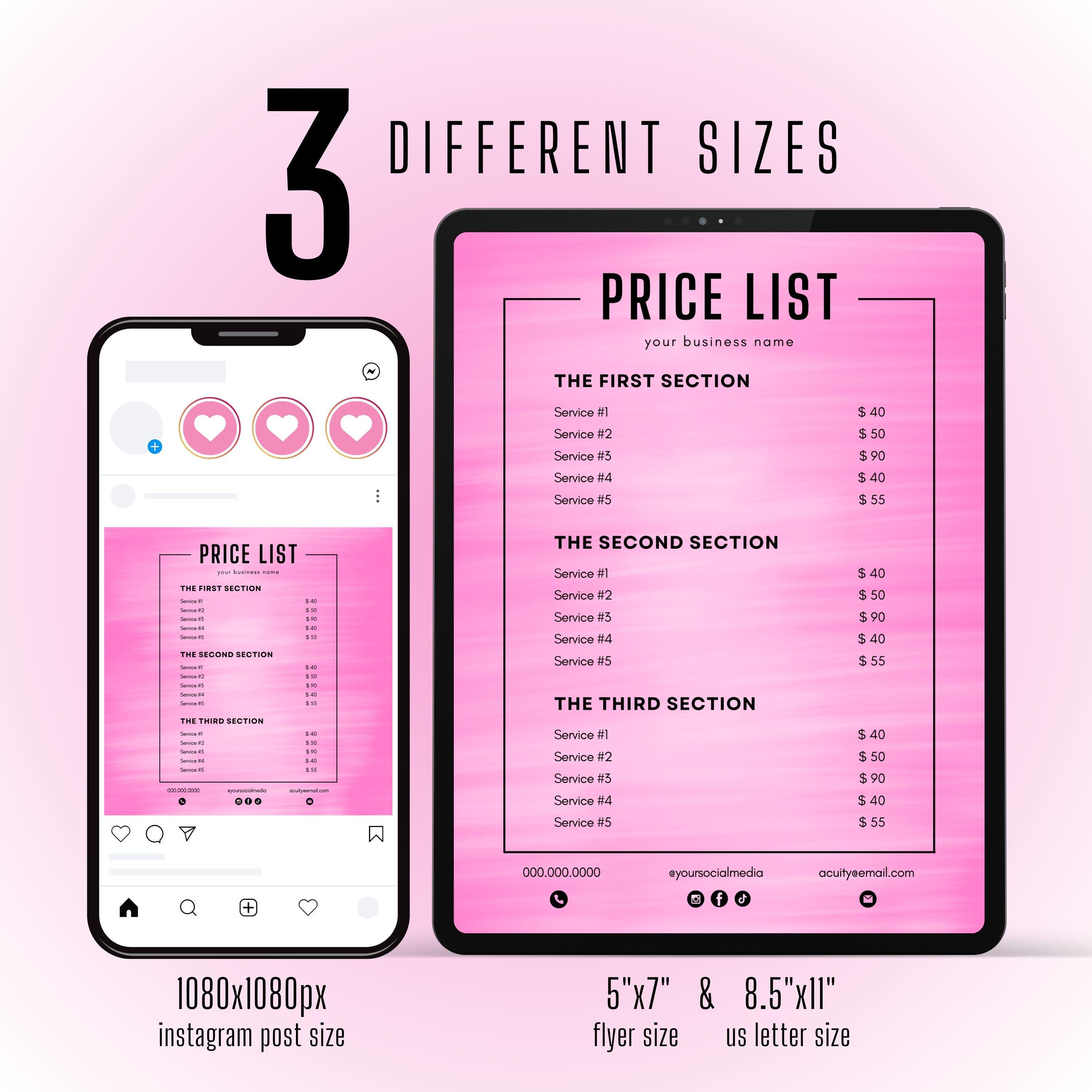 Editable Price List Flyer, Pink Pricing Template for Hair Stylist, Nail ...