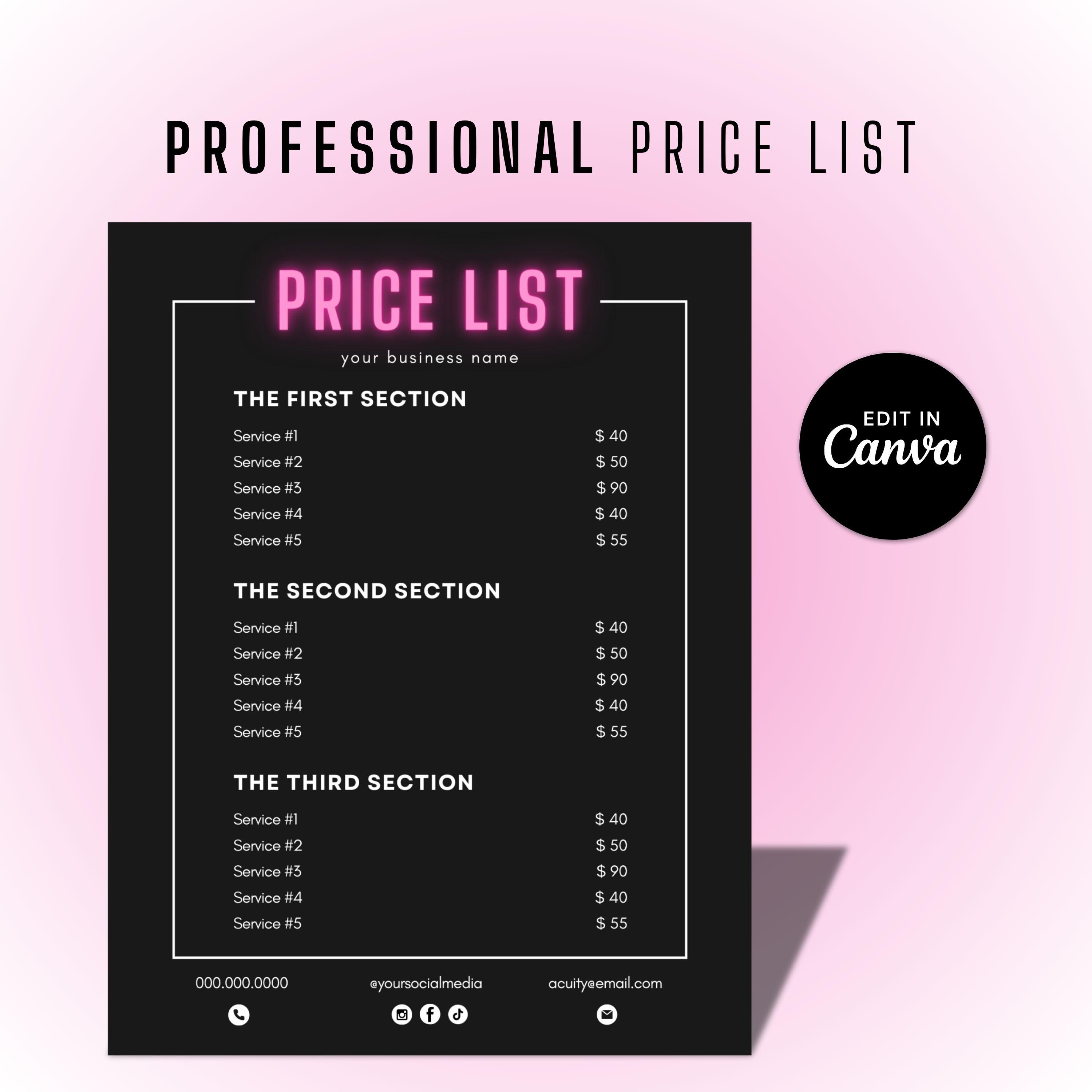 Editable Price List Template Pink, Pricing Guide for Hair Stylist, Nail ...