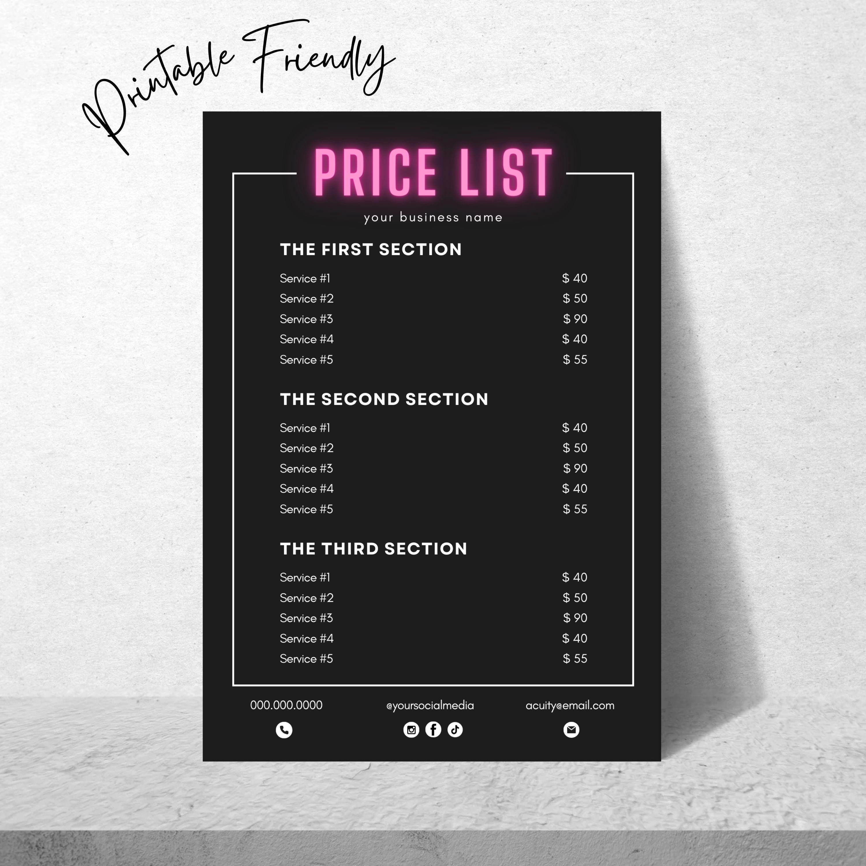Editable Price List Template Pink, Pricing Guide for Hair Stylist, Nail ...