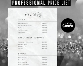 Price List Editable Template, Printable Modern Price Sheet, Custom ...