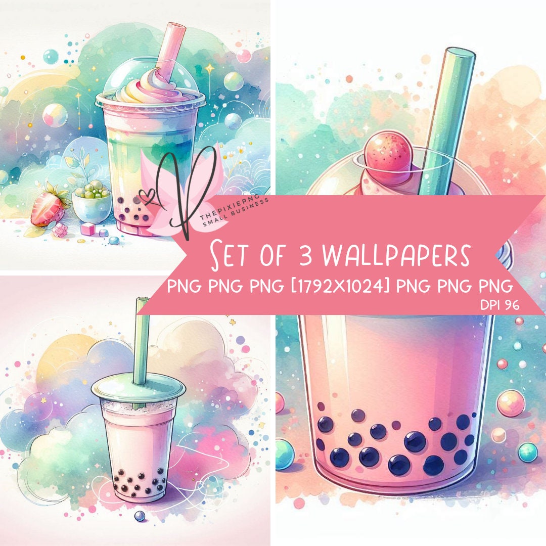 Kawaii Boba Wallpaper | Watercolor Pink Boba Wallpaper | Lock Screen - Etsy