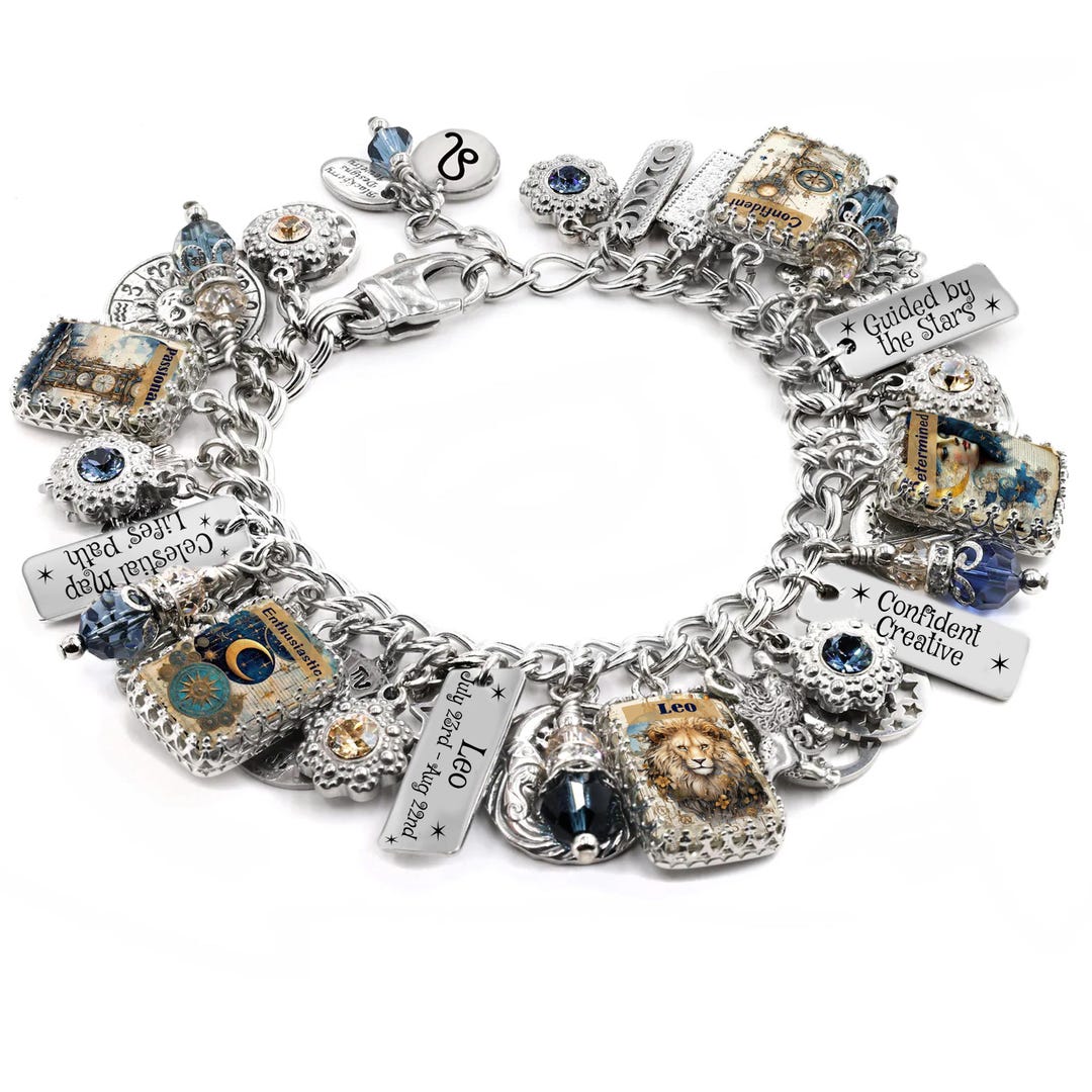 Leo Zodiac Bracelet With Astrology Pendants and Navy Blue & Topaz ...