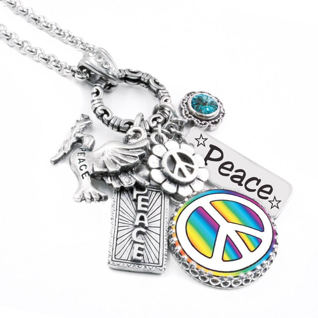 Peace Sign Necklace, Colorful Hippie Jewelry, Retro Flower Power Gift ...