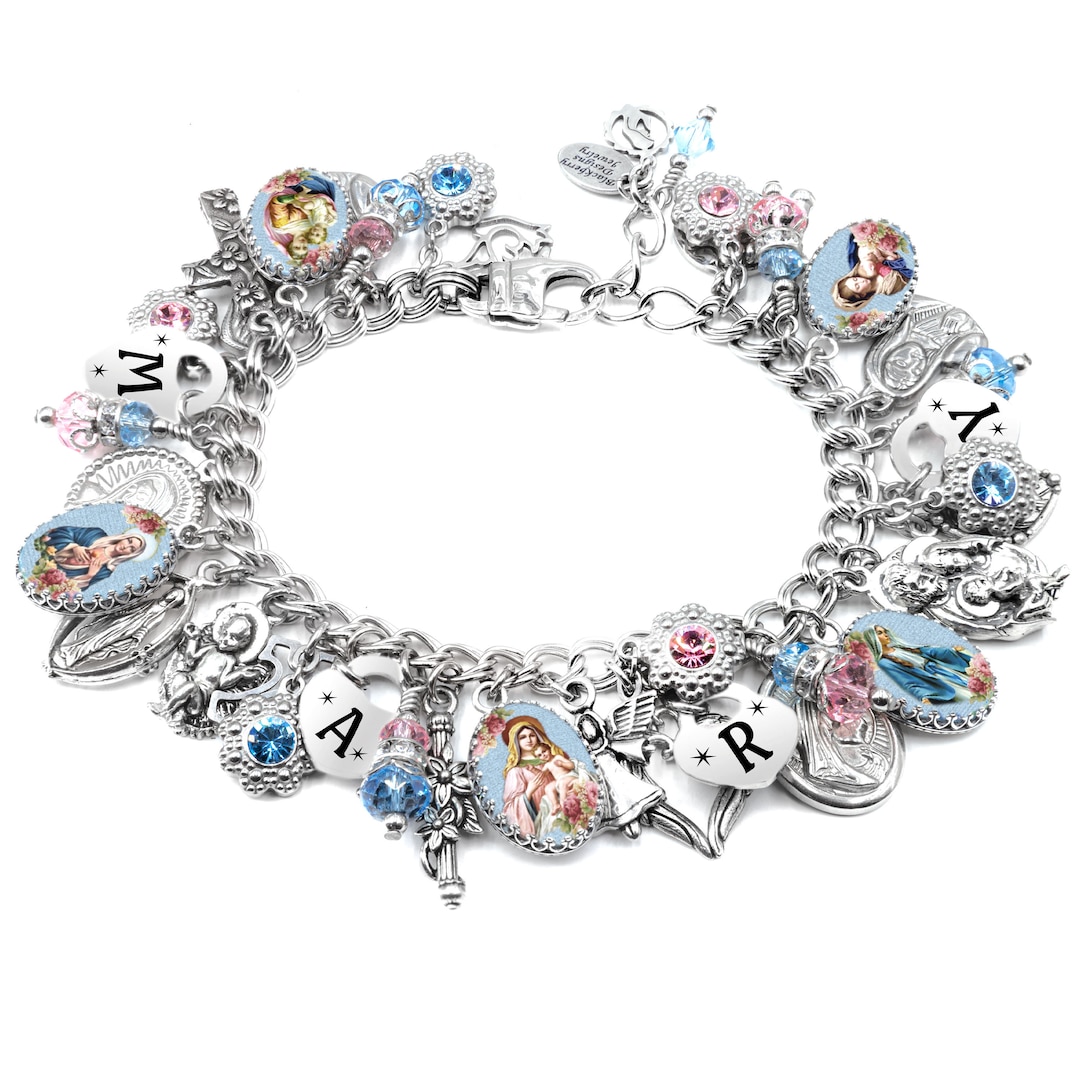 Madonna Bracelet, Colorful Catholic Jewelry, Cross Charms With Real ...