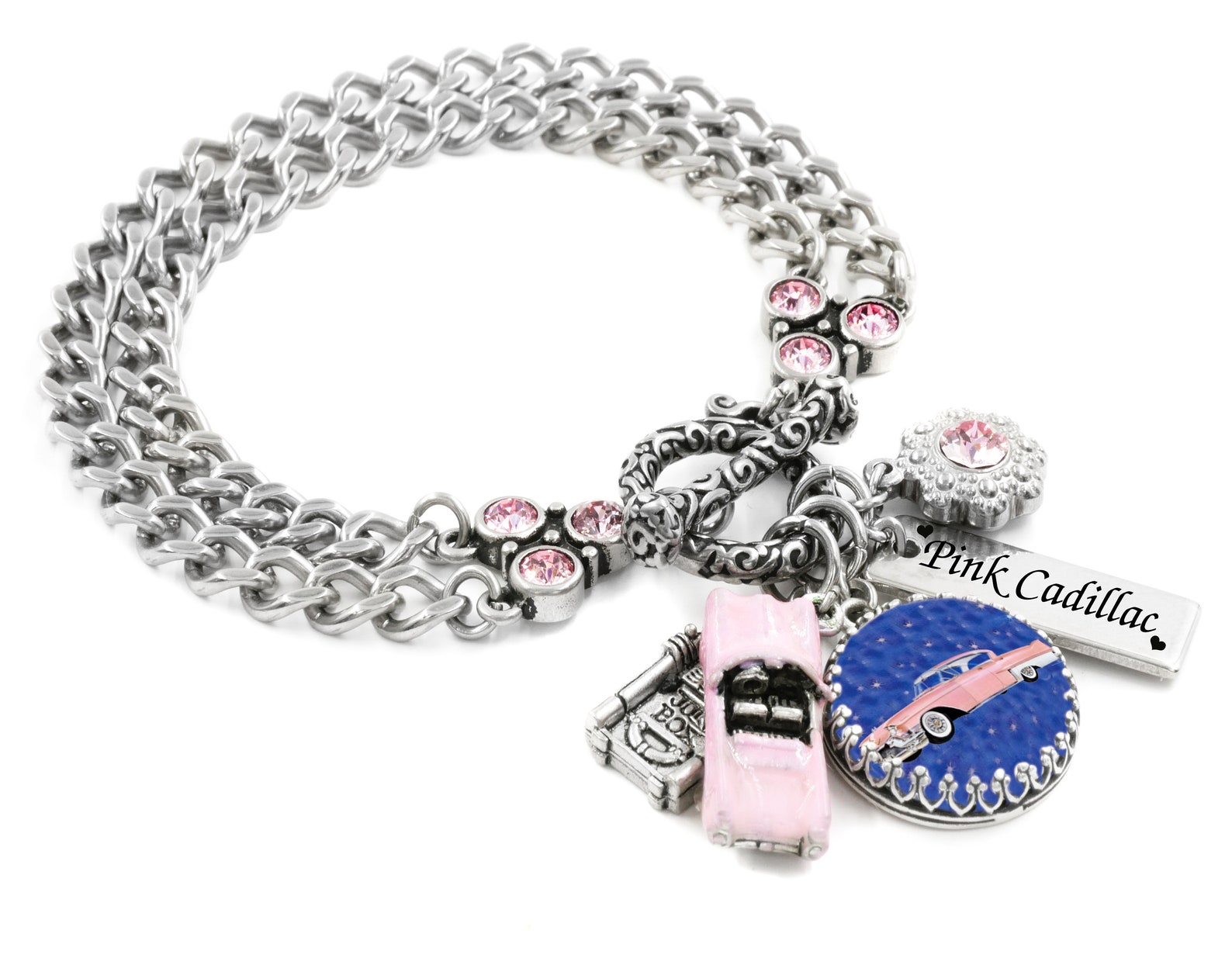Pink Cadillac Bracelet Rockabilly Jewelry Car Charms - Etsy