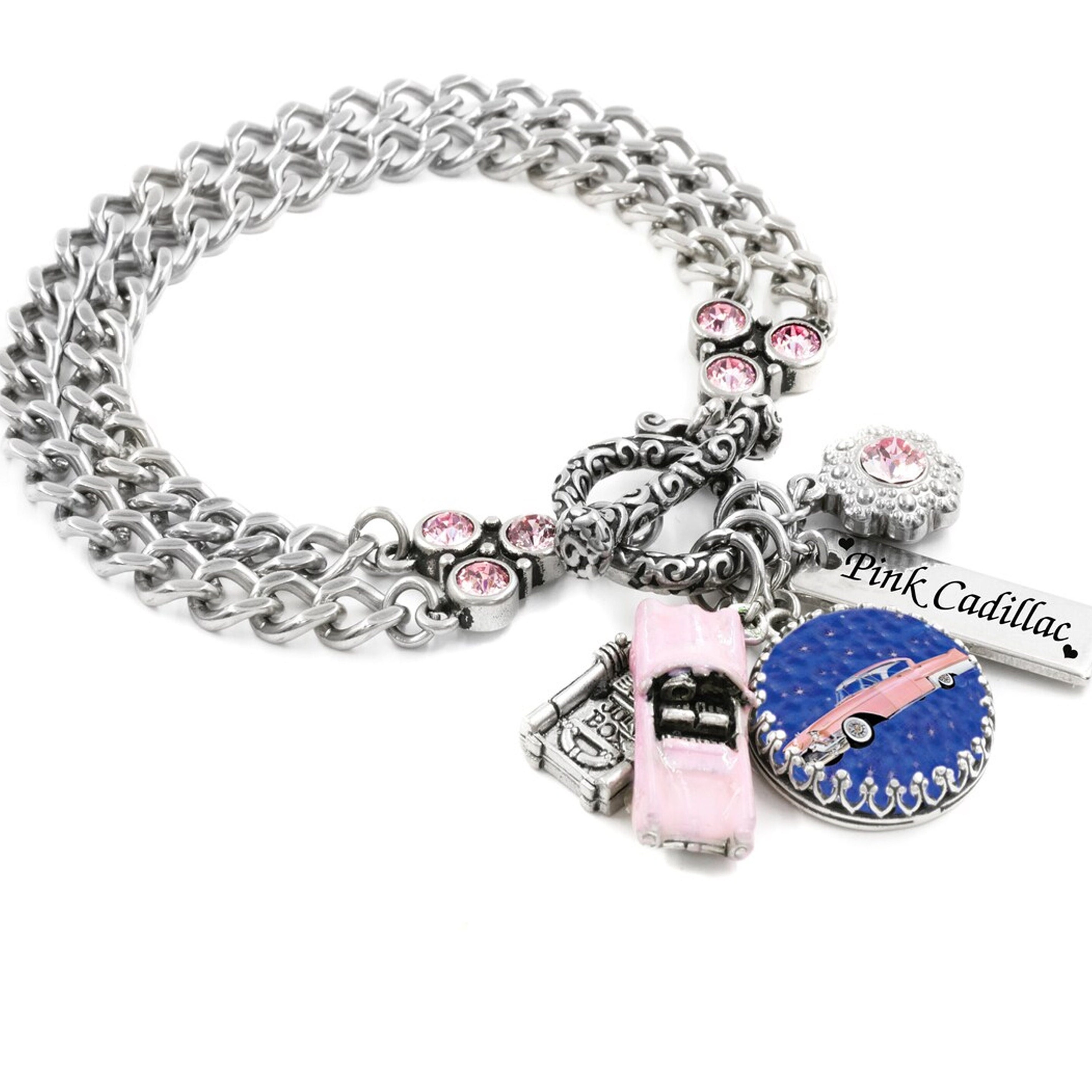 Pink Cadillac Bracelet, Rockabilly Jewelry, Car Charms, Crystal ...