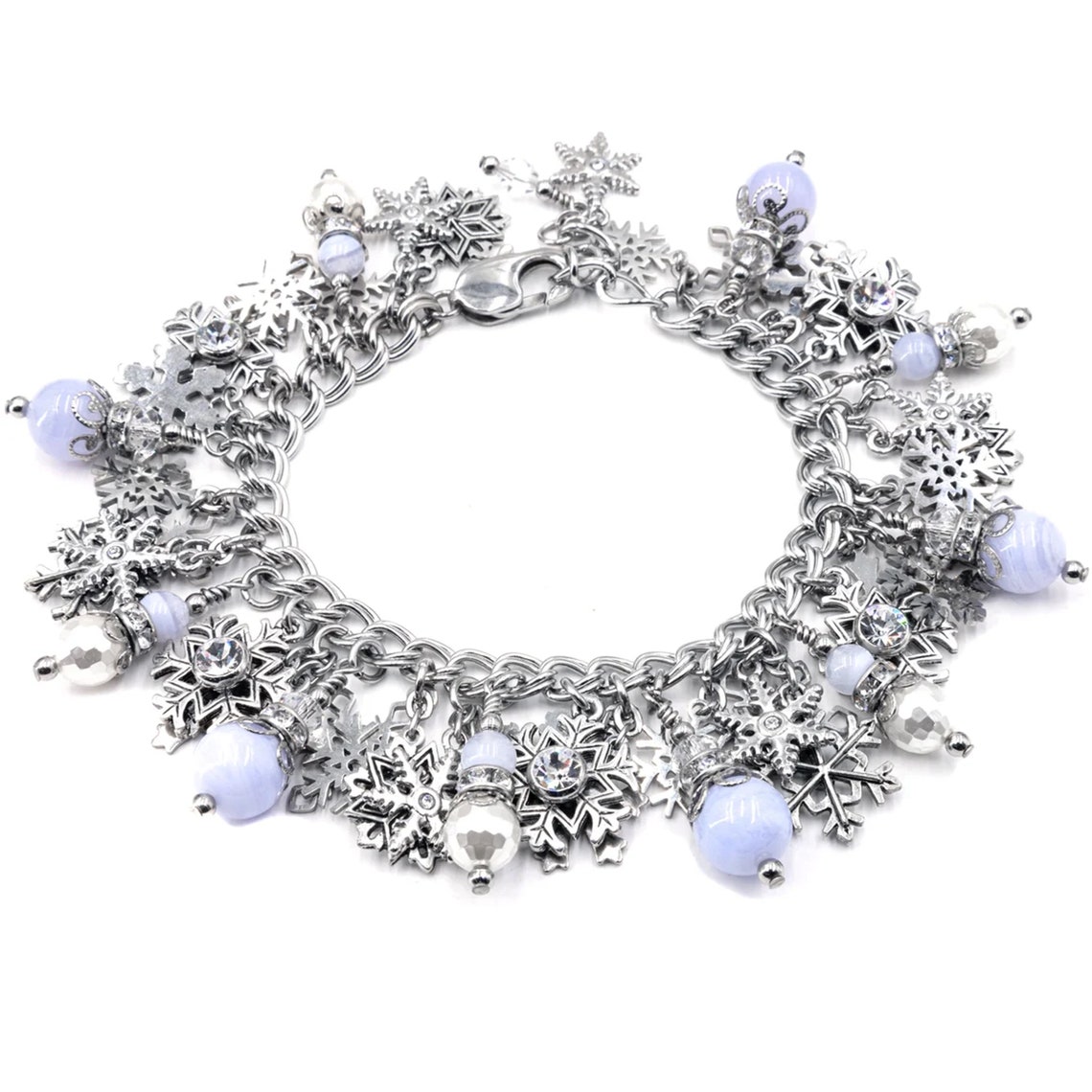 Silver Winter Bracelet, Snowflake Bracelet, Blue Agate for Christmas ...