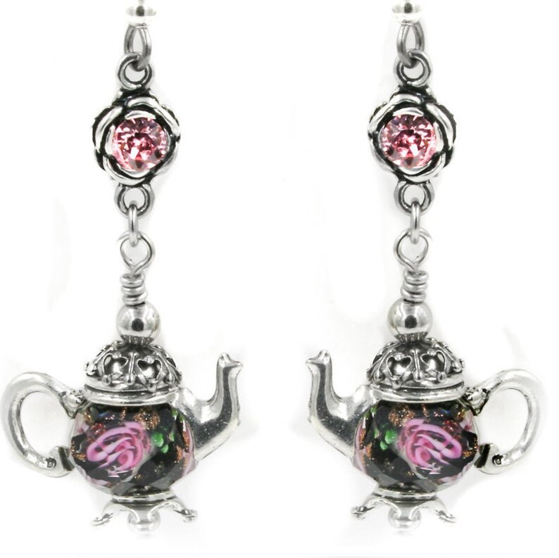 Teapot Earrings, Rose Beads With Pink Crystals, for Pierced and Non ...