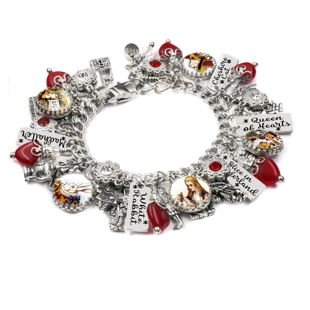 Alice in Wonderland Charm Bracelet With Red Hearts, Mad Hatter, White ...