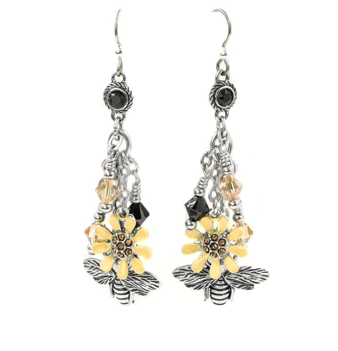 Bee Earrings, Honey Bee Jewelry, Sunflower Charms, Crystals - Etsy