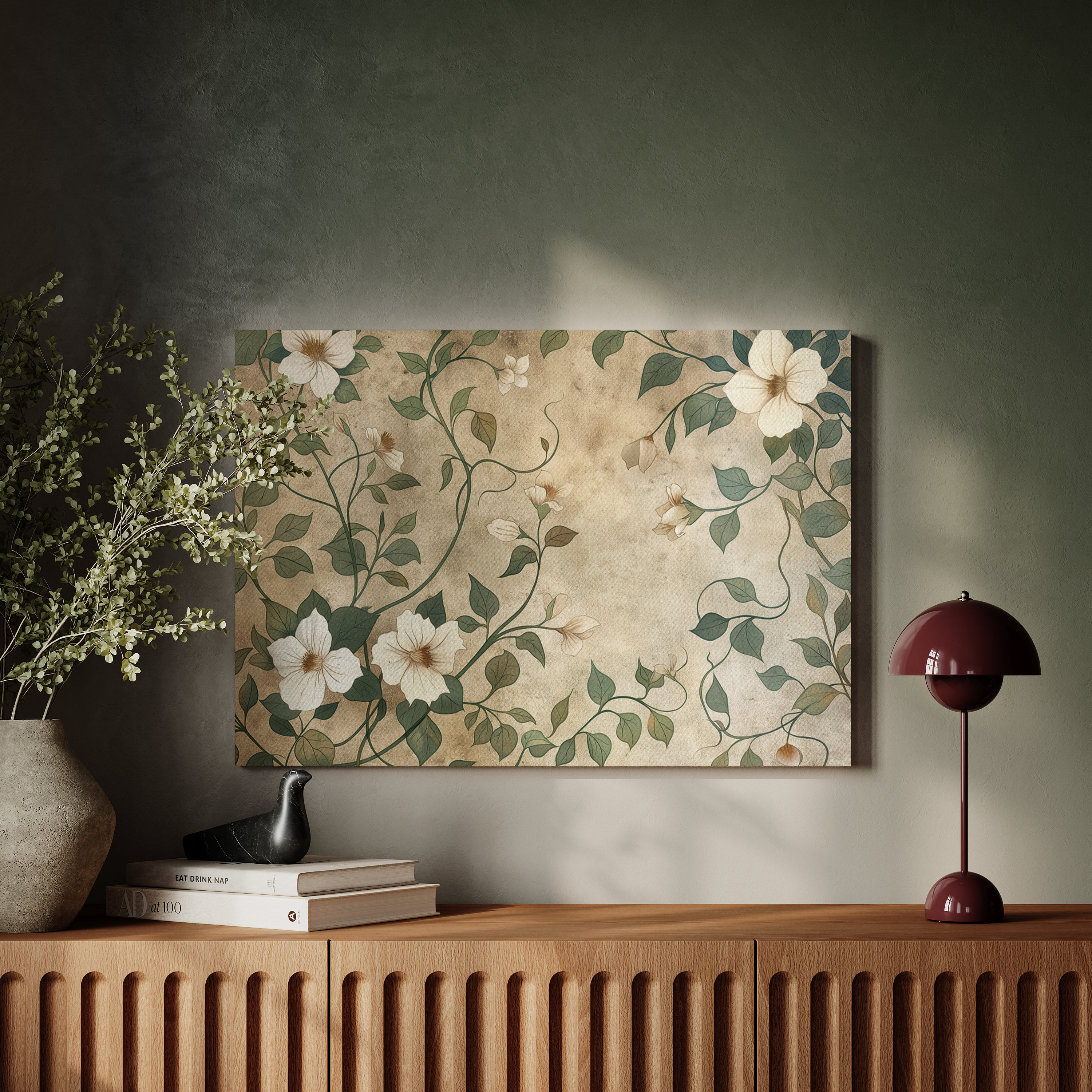 Flower Vines Wall Art, Textile Vines Canvas, Neutral Tones Print ...