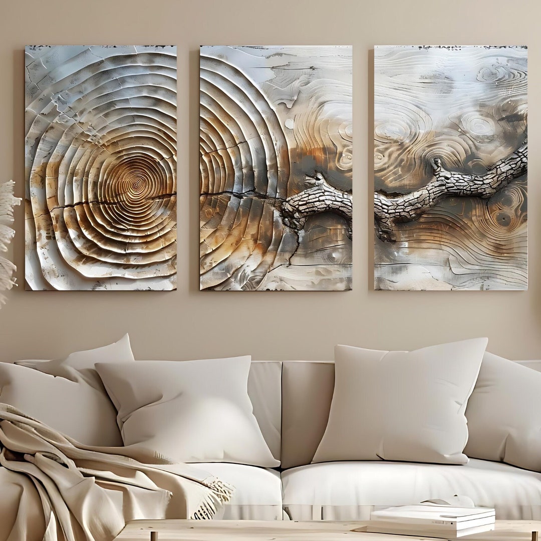 Modern Wall Art Set of 3 Oak Wood Tree Rings Illustrations Modern Art ...