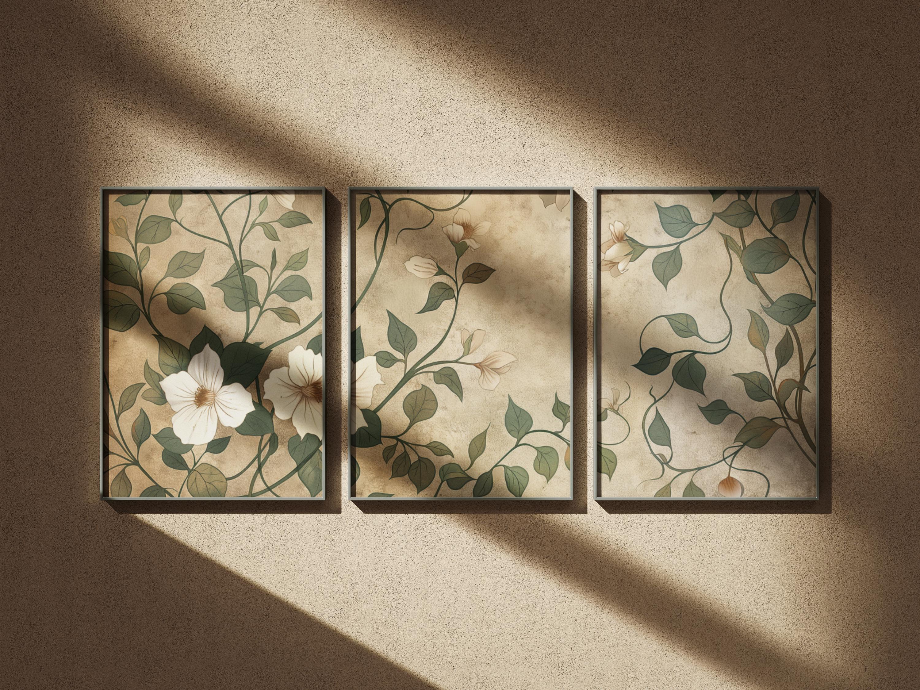 Flower Vines Wall Art, Textile Vines Canvas, Neutral Tones Print ...