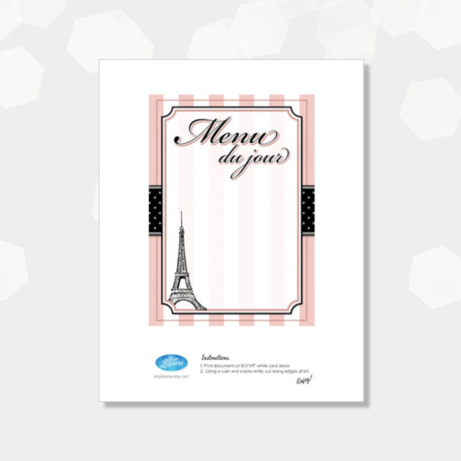 Paris Themed Menu Cards Blank - Menu Du Jour - Birthday Party Shower ...