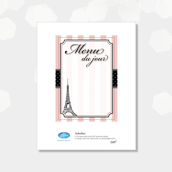 Paris Themed Menu Cards Blank - Menu Du Jour - Birthday Party Shower ...