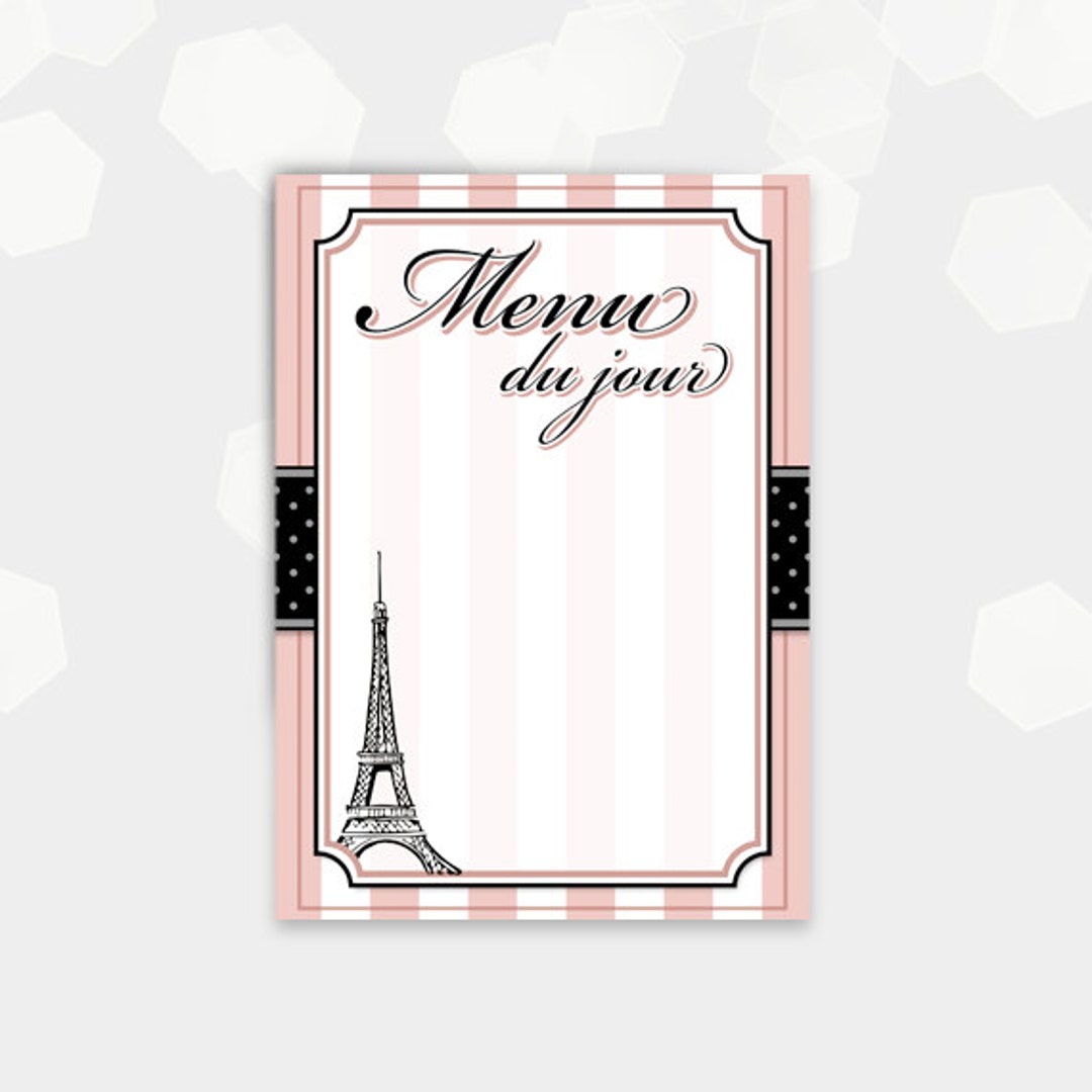 Paris Themed Menu Cards Blank - Menu Du Jour - Birthday Party Shower ...