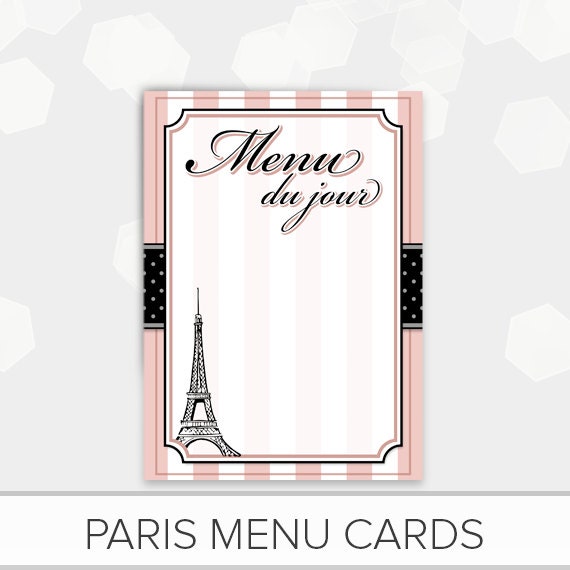 Paris Themed Menu Cards Blank - Menu Du Jour - Birthday Party Shower ...