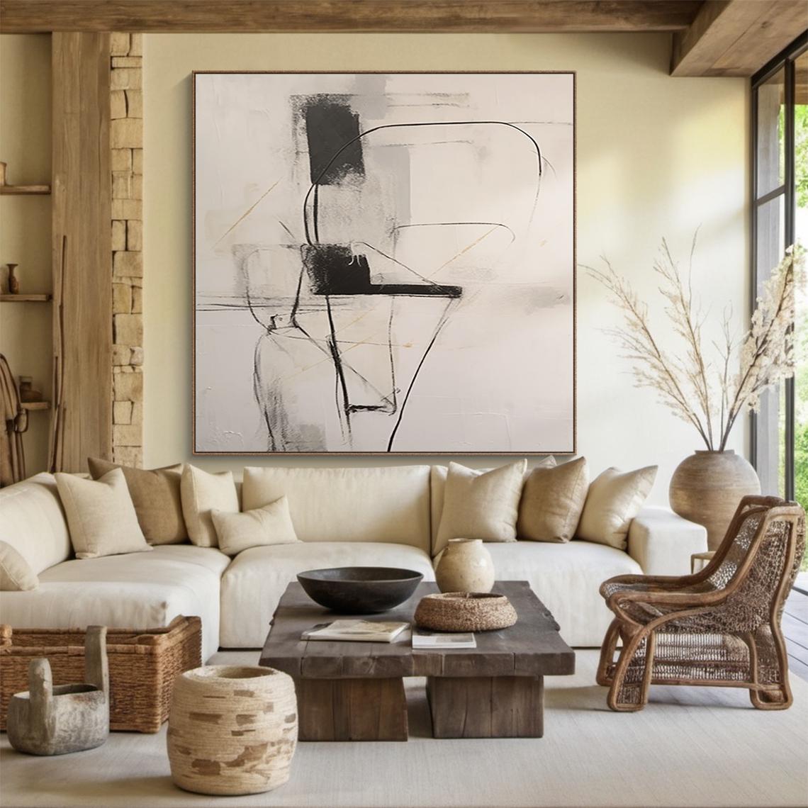 Abstract Oil Painting on Cream Canvas, Modern Home Wall Decor Art, Wabi ...