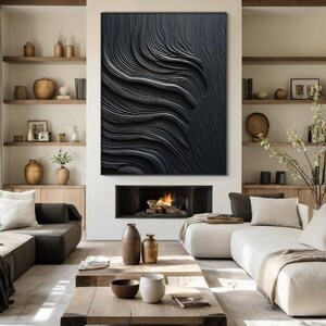 Large Pure Black Abstract Wall Painting, Black Simple Wabi-sabi Wall ...