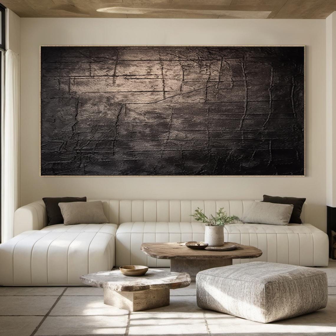 Taupe Minimalist Wall Painting, Black Textured Art, Original Taupe ...