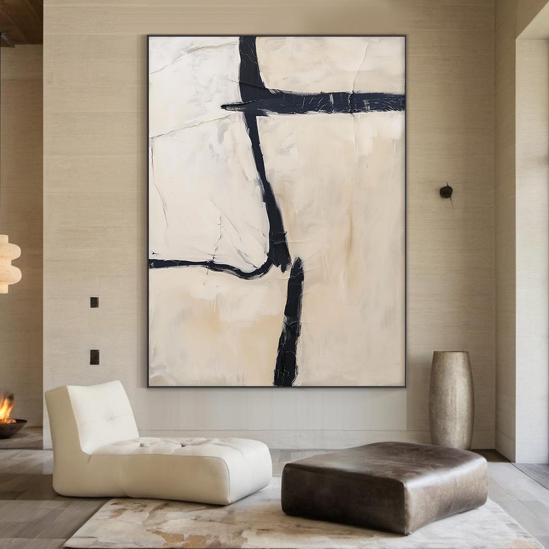 Beige Abstract Wall Art, Large Beige Minimalist Wall Decor Art, Black ...