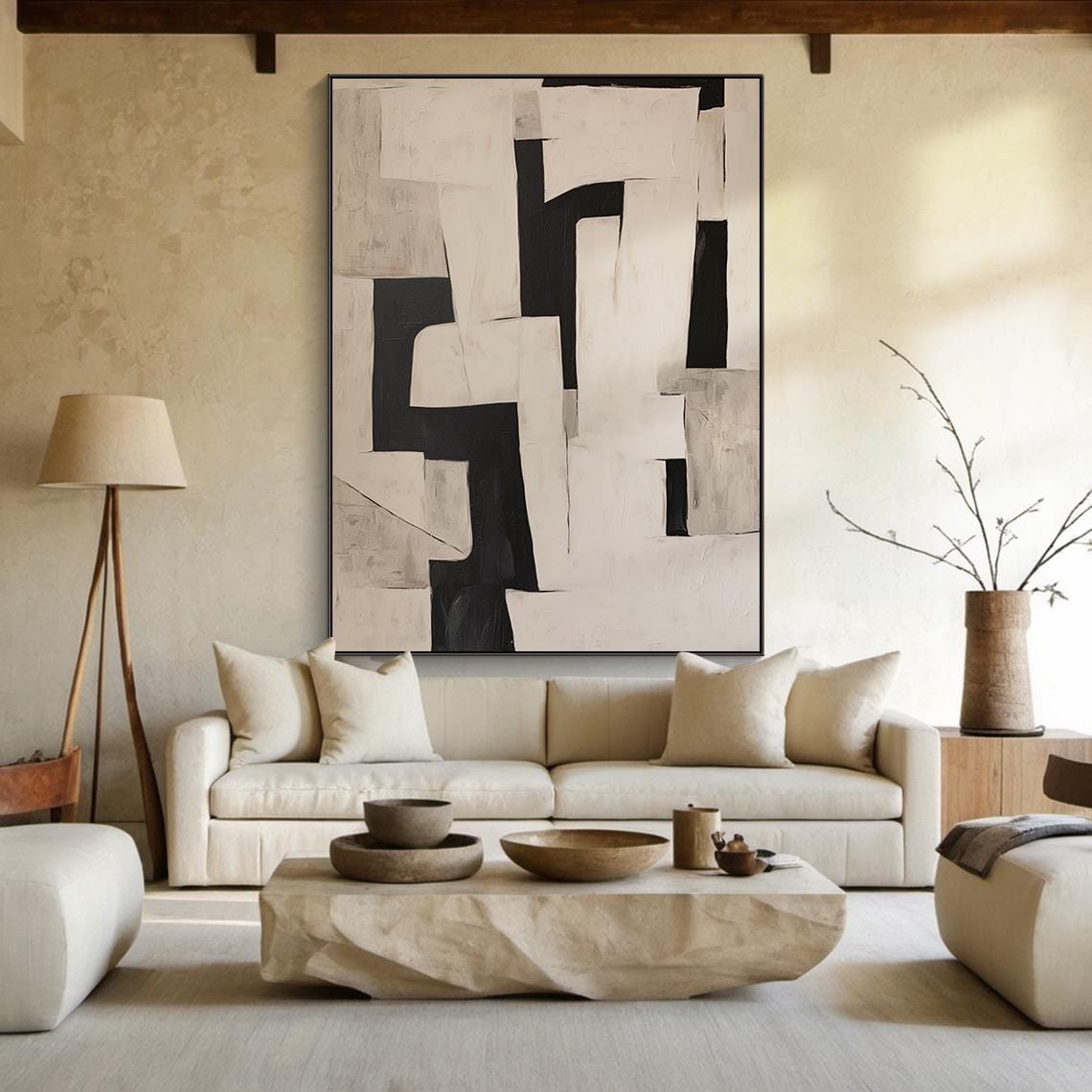 Beige Textured Canvas Painting Beige Wabi-sabi Wall Painting Black Beige Abstract Painting Large ...