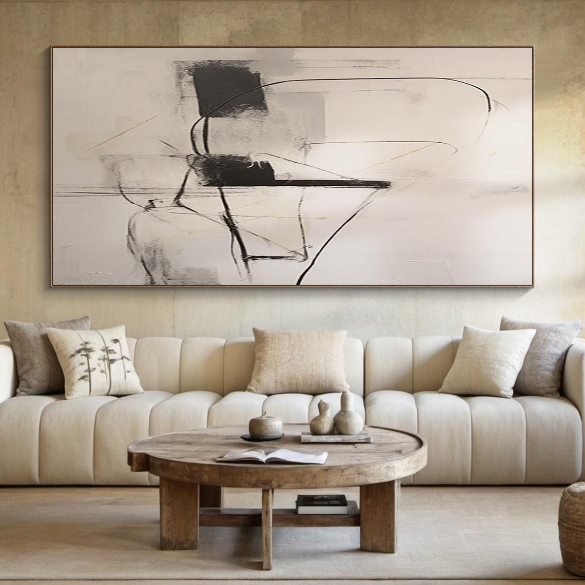 Abstract Oil Painting on Cream Canvas, Modern Home Wall Decor Art, Wabi ...