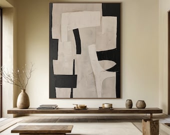 Beige Wabi Sabi Wall Art Black Beige Abstract Painting Large Black Minimalist Wall Art Beige ...