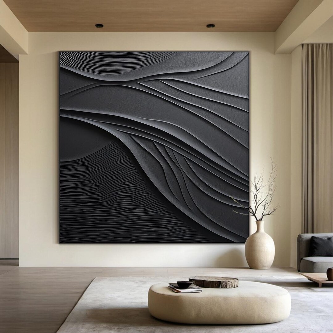 Black Abstract Oil Painting on Canvas, Black Wall Art, Large Wabi-sabi ...