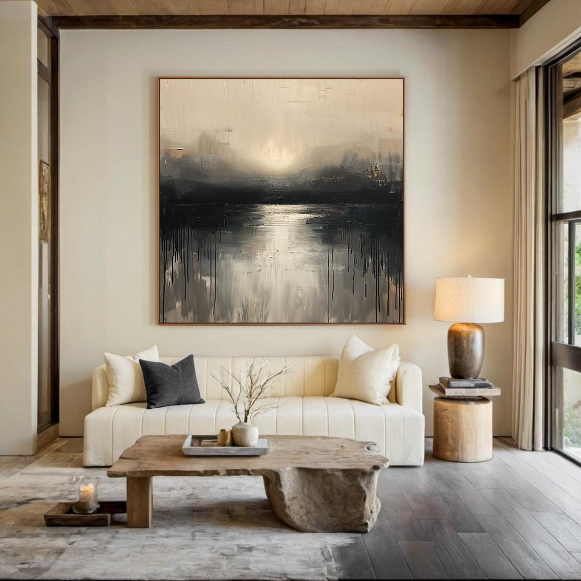 Abstract Drip Painting With Light Reflection – Handmade Neutral Wall ...
