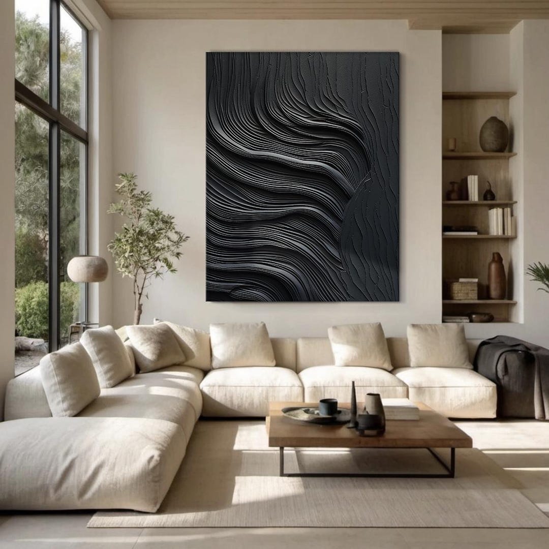 Large Pure Black Abstract Wall Painting, Black Simple Wabi-sabi Wall ...