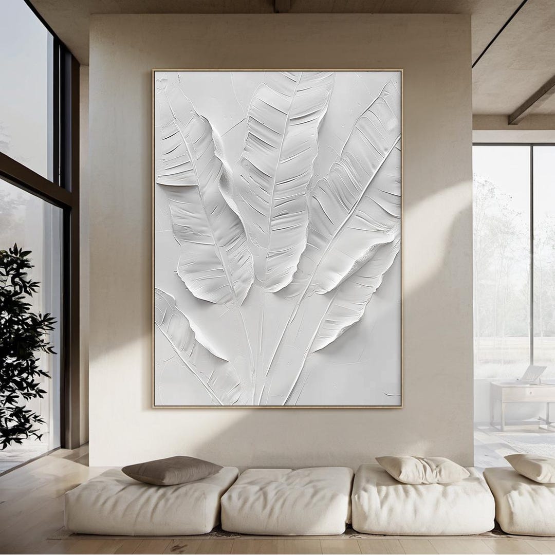 Large White 3D Textured Banana Leaf Handmade Painting, Minimalist ...