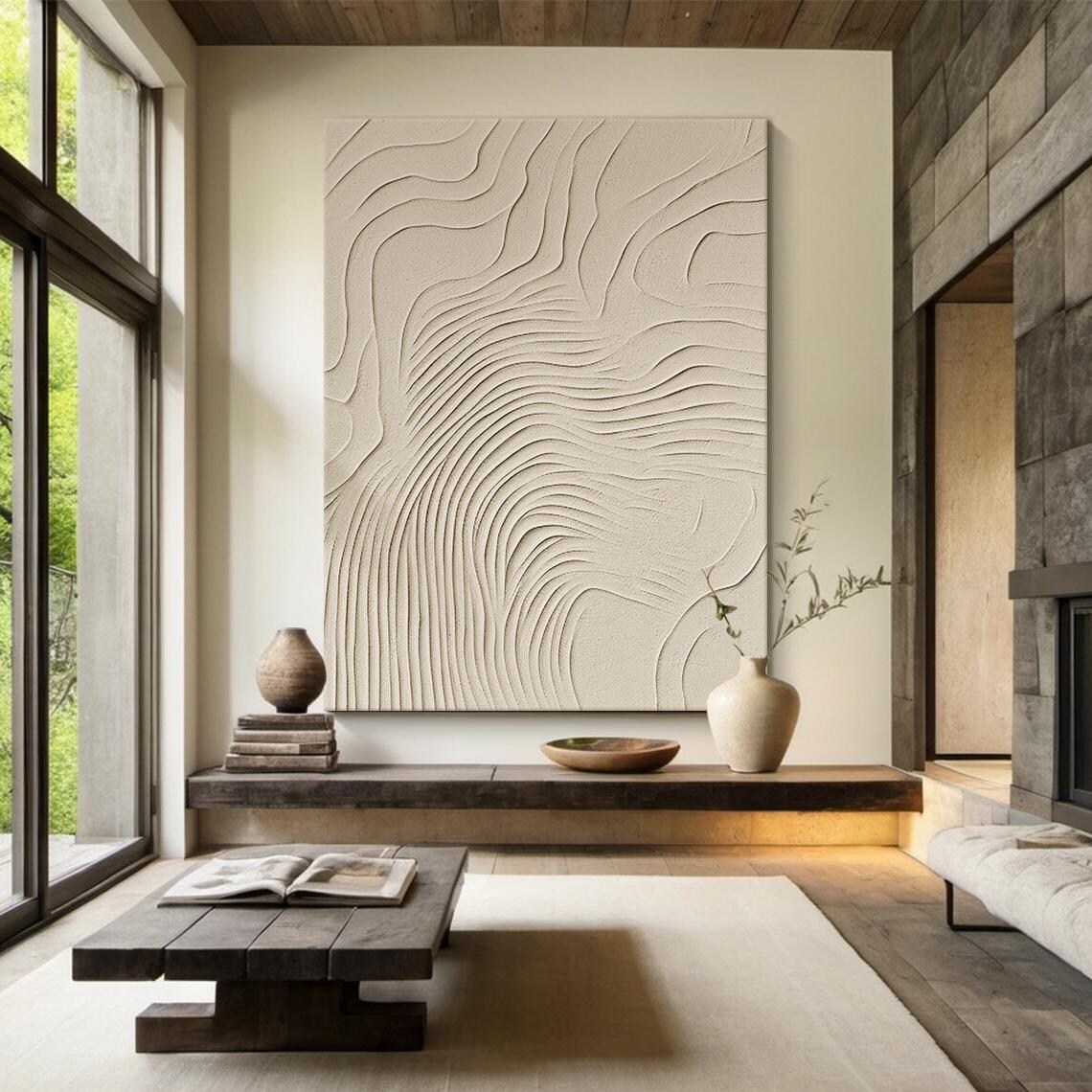 Neutral Living Room Wall Decor, Beige Textured Wabi-sabi Wall Painting ...