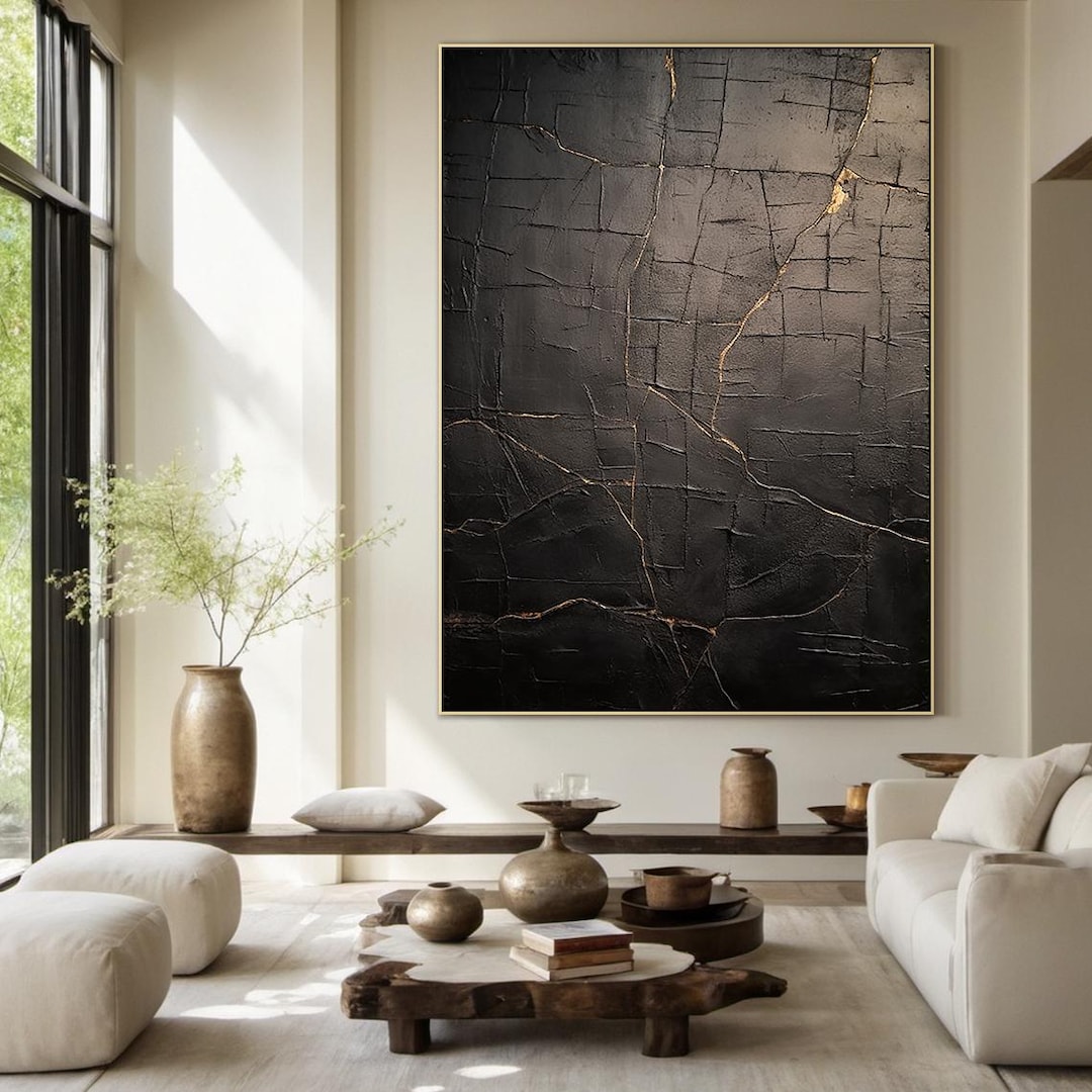 Large Brown Black Abstract Oil Painting, Black Minimalist Wall Art ...