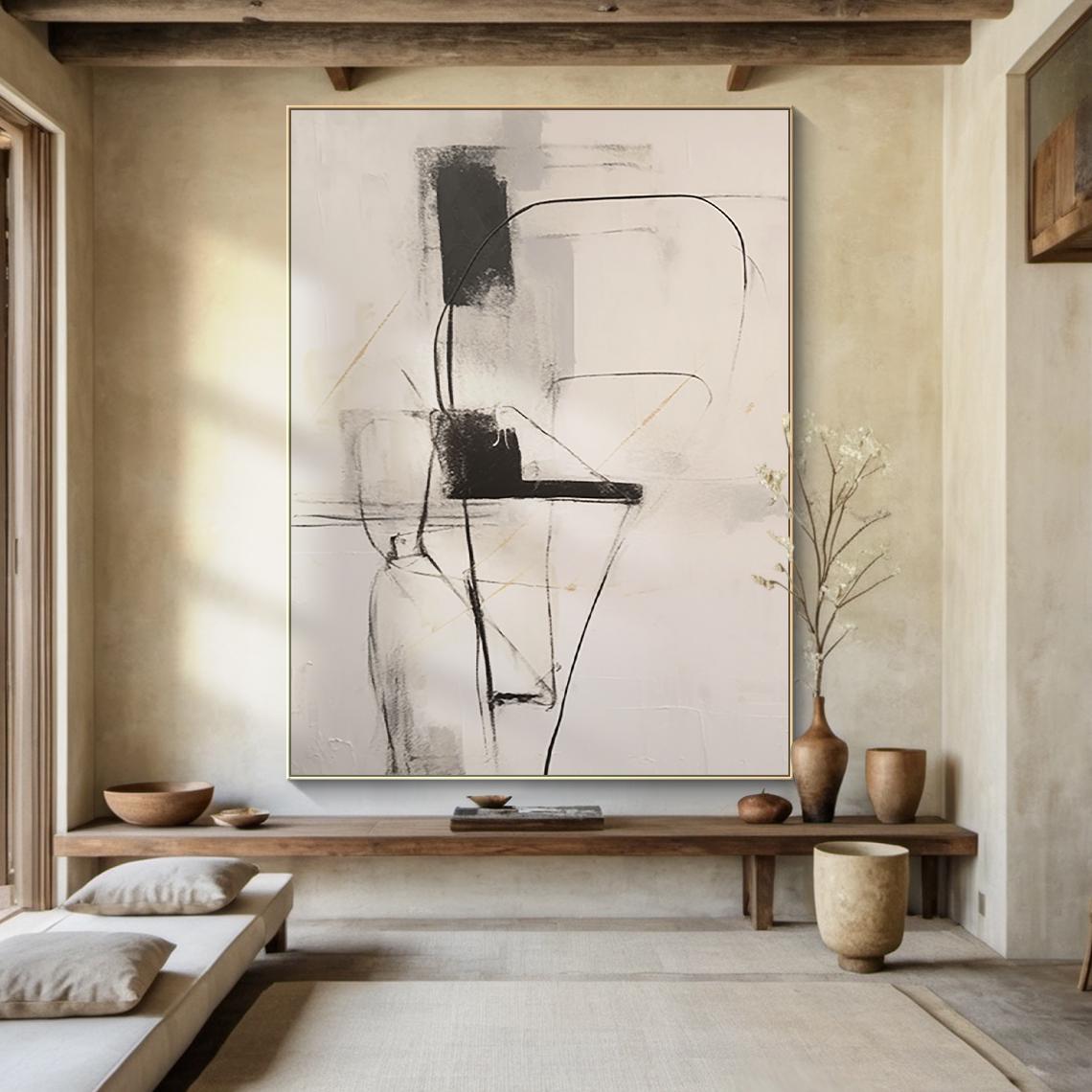 Abstract Oil Painting on Cream Canvas, Modern Home Wall Decor Art, Wabi ...