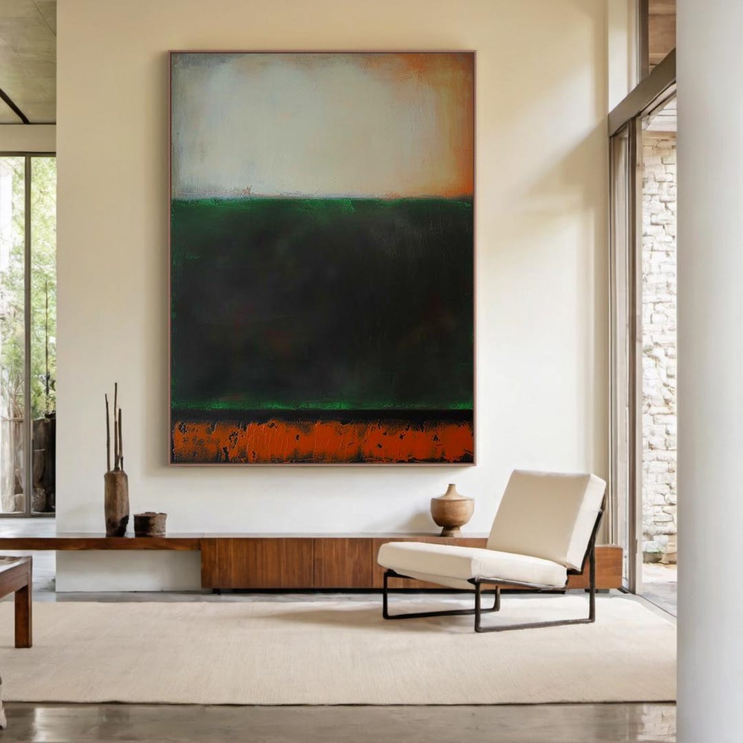 Large Minimalist Color Block Painting, Green Black Orange Modern Canvas ...