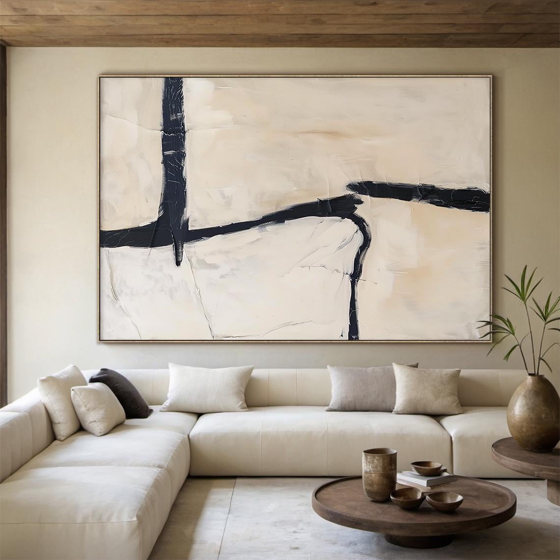 Beige Abstract Wall Art, Large Beige Minimalist Wall Decor Art, Black ...