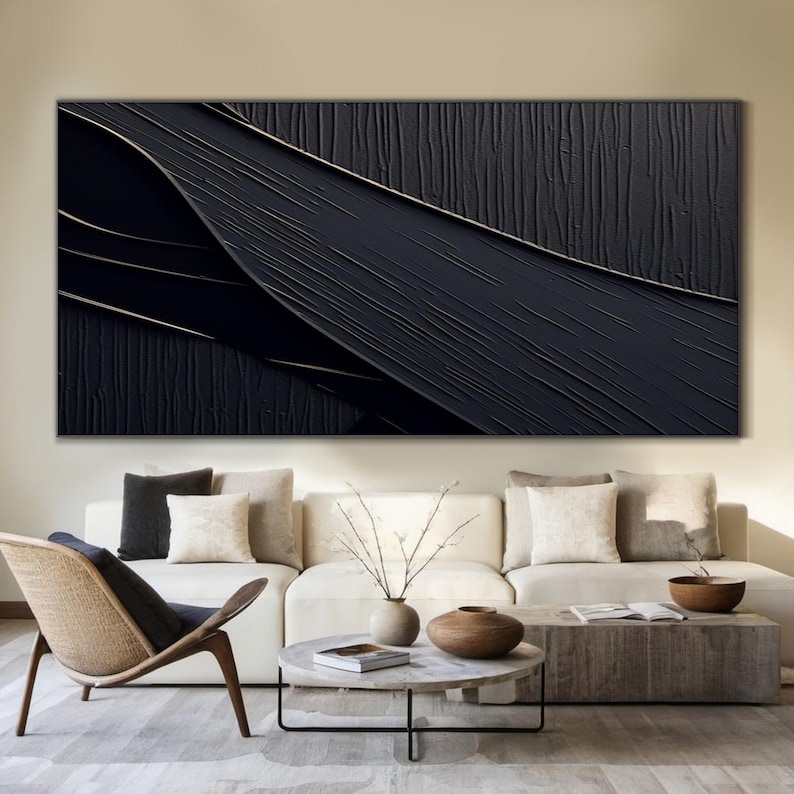 Original Black Abstract Painting, Large Black Minimalist Wall Art ...