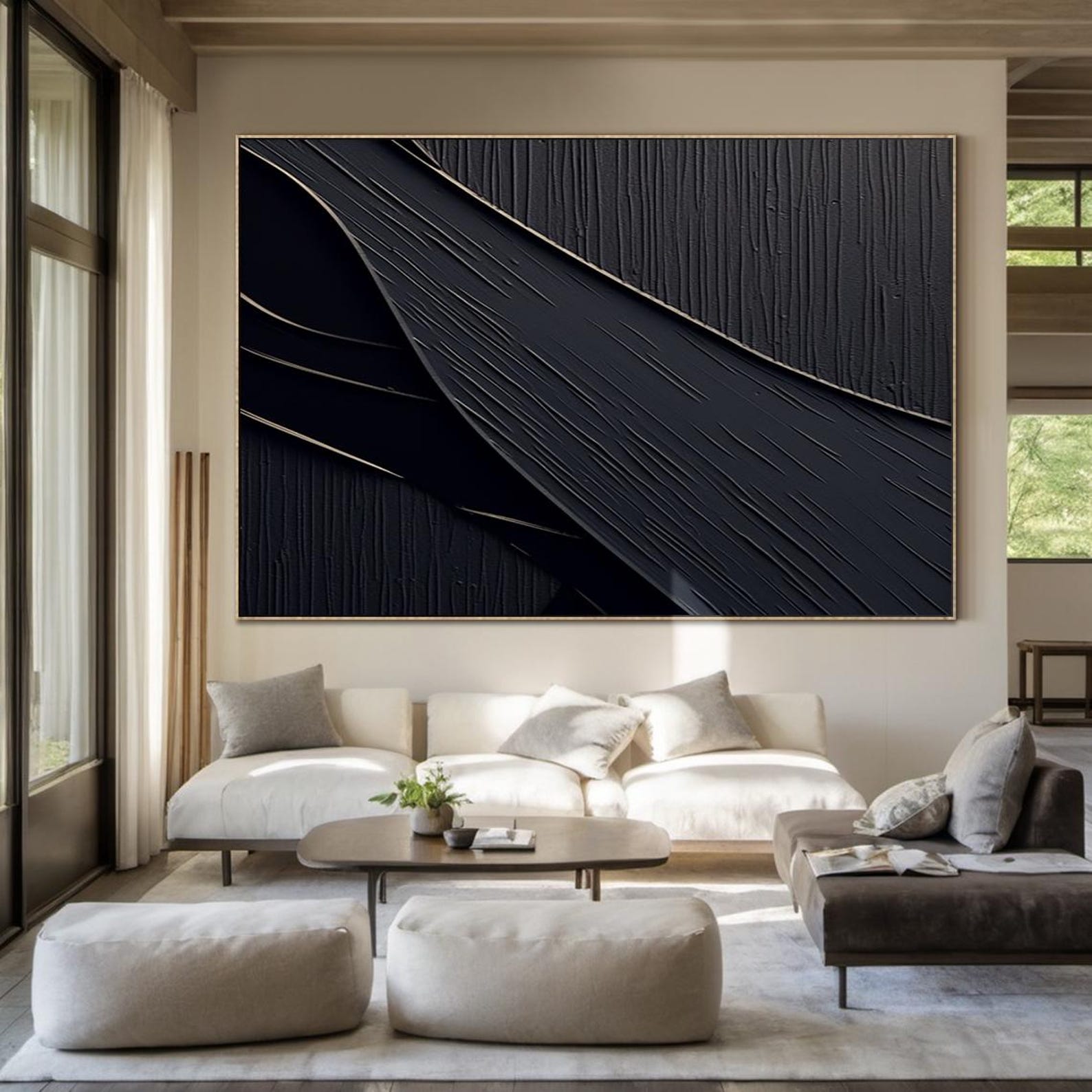 Original Black Abstract Painting, Large Black Minimalist Wall Art ...