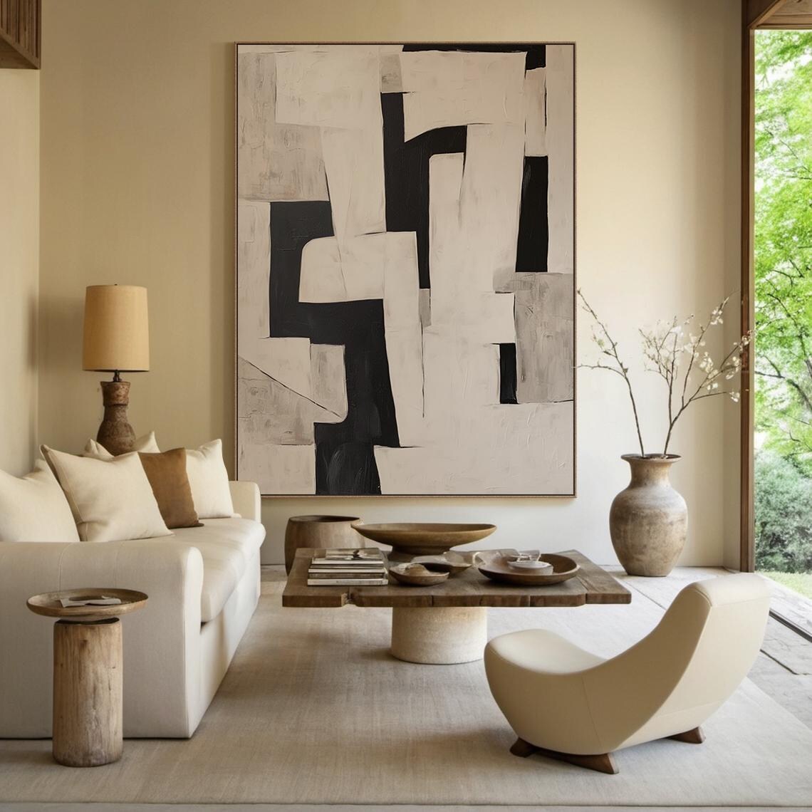 Beige Textured Canvas Painting Beige Wabi-sabi Wall Painting Black Beige Abstract Painting Large ...