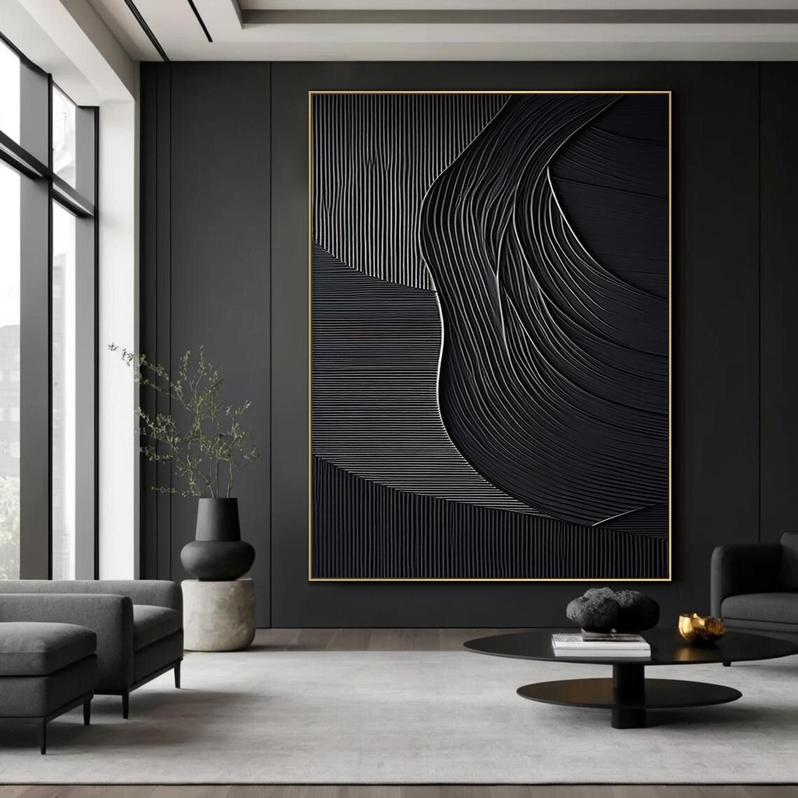 Pure Black Abstract Wall Painting, Large Black Minimalist Wall Art ...