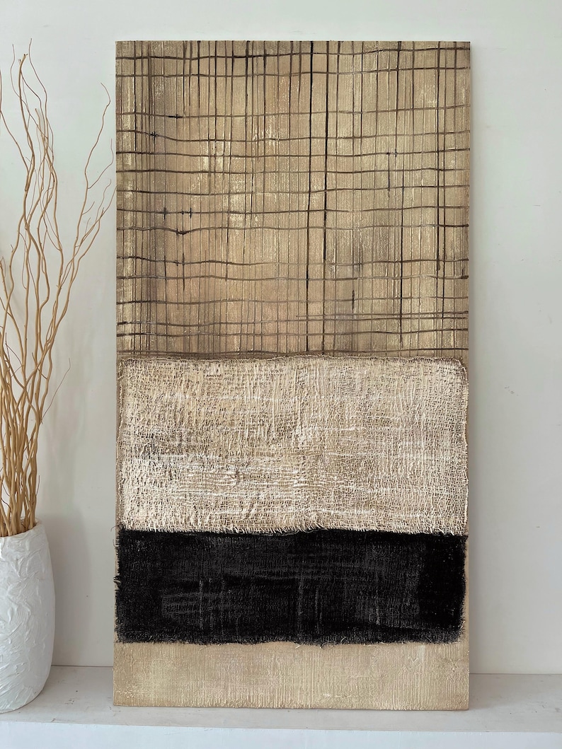 Large Neutral Abstract Textured Painting – Handmade Beige and Black 3D ...