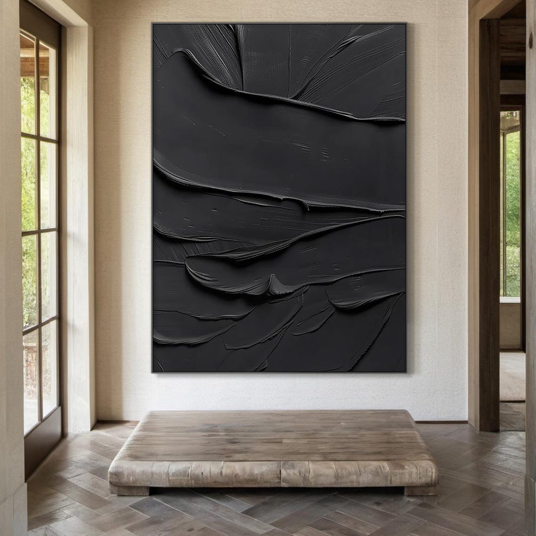 Modern Black Abstract Oil Painting Art, Black 3D Texture Wall Art ...