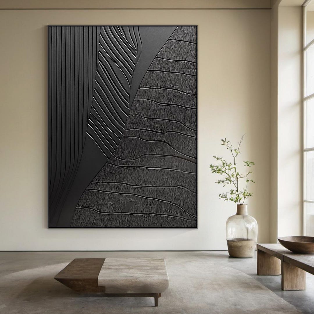 Pure Black Abstract Wall Art, Large Black Minimalist Wall Decoration ...
