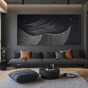 Pure Black Abstract Wall Painting, Large Black Minimalist Wall Art ...